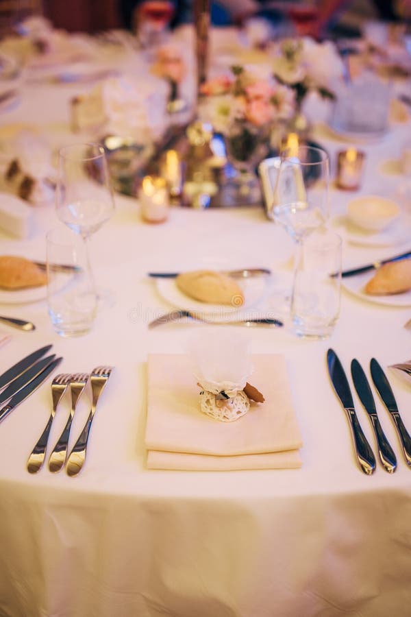 Wedding Table Setting at a Banquet. Stock Photo - Image of napkin ...