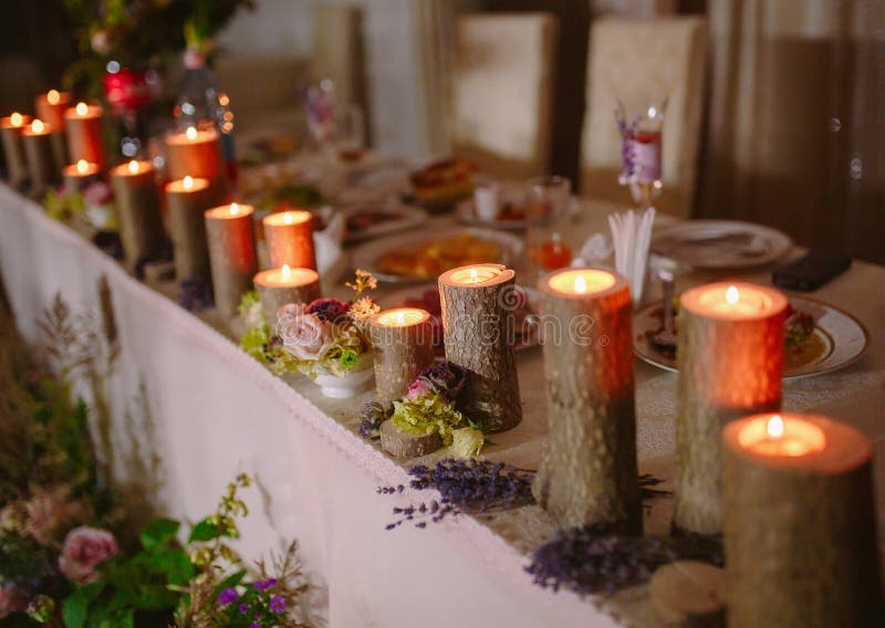 Wedding Table Setting with Burning Candles on the Table Stock Photo ...