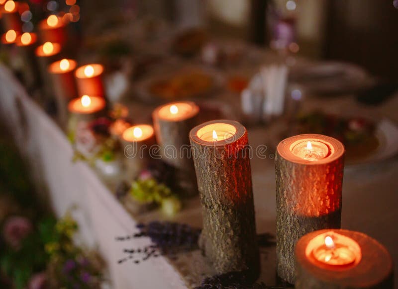 Wedding Table Setting with Burning Candles on the Table Stock Photo ...