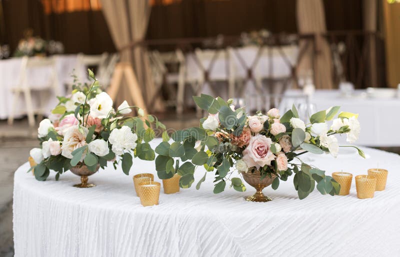 Wedding Table Setting and Decorated with Flowers Stock Photo - Image of ...