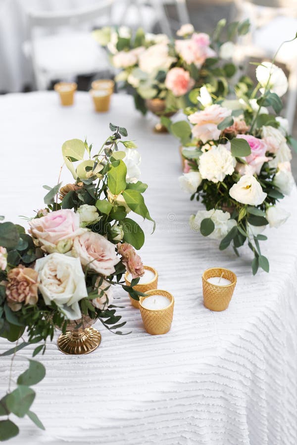 Wedding Table Setting and Decorated with Flowers Stock Photo - Image of ...
