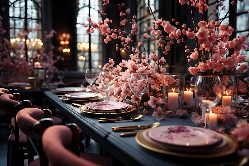 Wedding Table Setting. Decoration with Lights,flowers and Candles ...