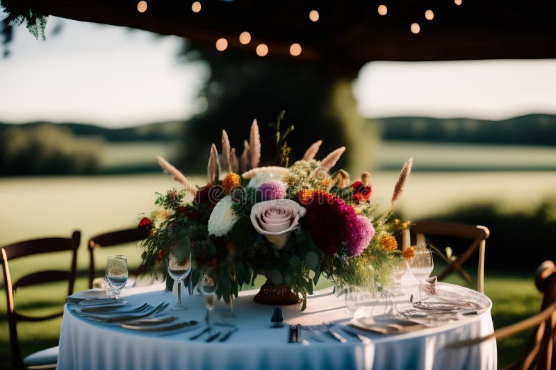 Wedding Table Setting with Flowers and Crockery on the Grass Stock ...