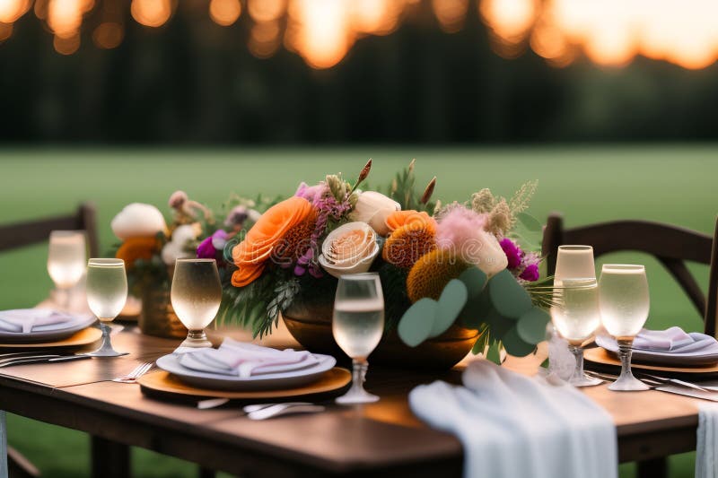 Wedding Table Setting with Flowers and Crockery on the Grass Stock ...