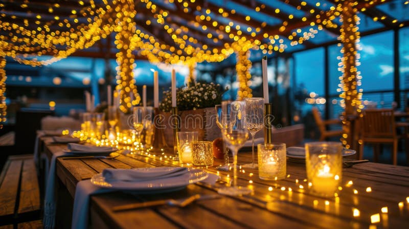 Wedding Table Setting. Hall Decoration with a Lot of String Lights and ...