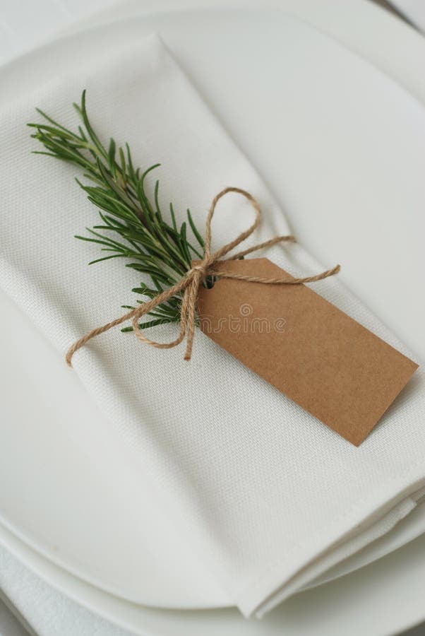 Wedding Table Setting with Rosemary on White Napkin. Wedding Decoration ...