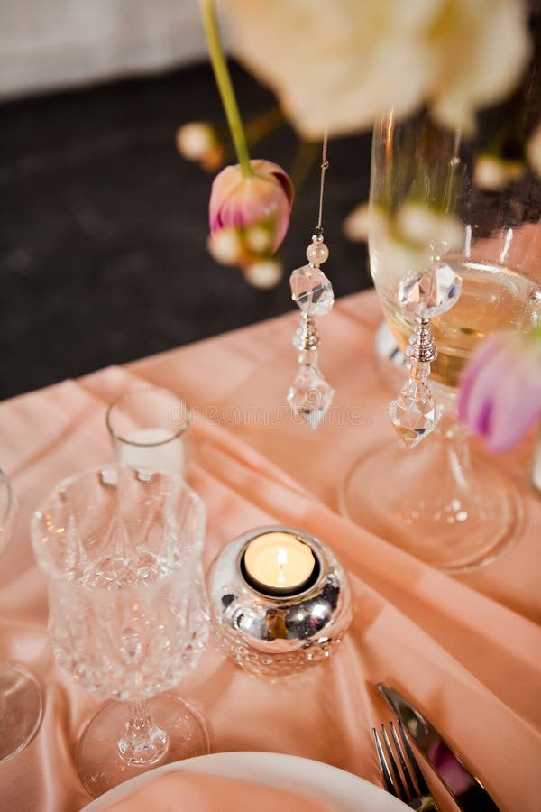 Wedding Table Setting with Tablecloths, Dishes and Decorations. Stock ...