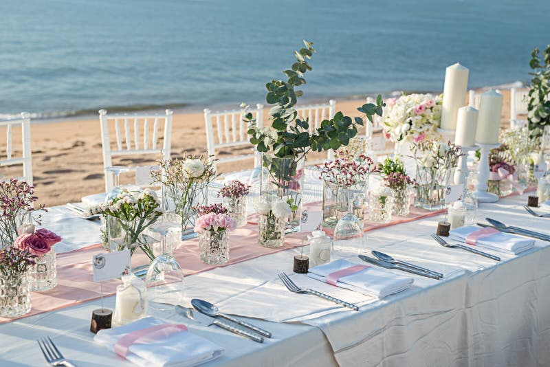 Wedding Table Setup at Beach Wedding Ceremony on the Beach with Stock ...