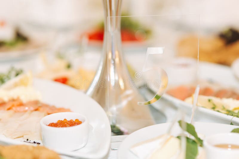 Wedding Tables in Restaurant. Deciration and Food Stock Photo - Image ...