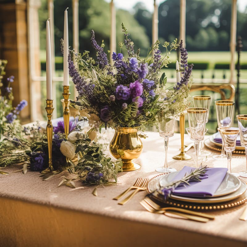 Wedding Tablescape, Elegant Formal Dinner Table Setting, Table Scape with Lavender Decoration ...