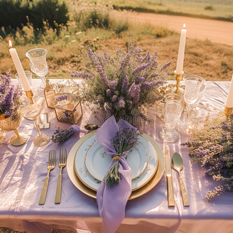 Wedding Tablescape, Elegant Formal Dinner Table Setting, Table Scape with Lavender Decoration ...