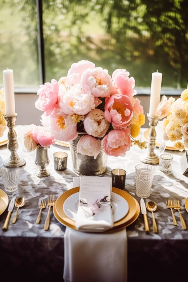 Wedding Tablescape with Peony Bouquet, Formal Dinner Table Setting ...