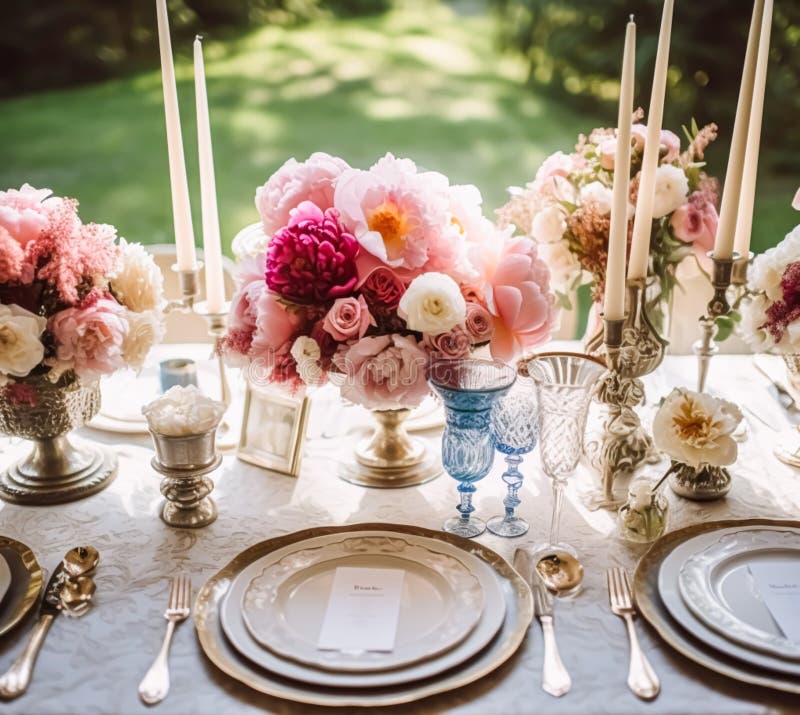 Wedding Tablescape with Peony Bouquet, Formal Dinner Table Setting, Table Scape with Decoration ...