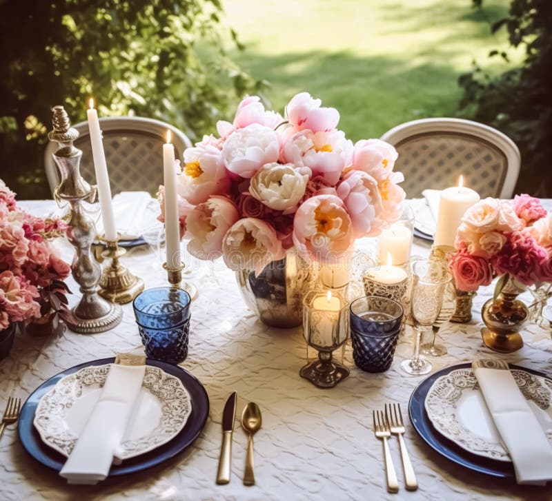 Wedding Tablescape with Peony Bouquet, Formal Dinner Table Setting ...
