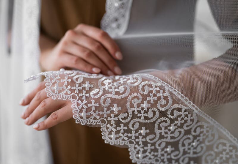 Wedding Veil Close-up of Embroidered Pattern on Hand Stock Photo ...