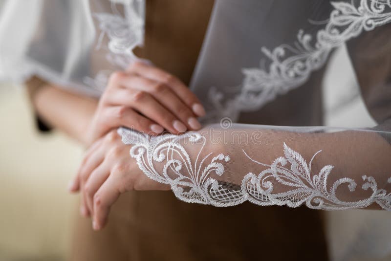 Wedding Veil Close-up of Embroidered Pattern on Hand Stock Photo ...