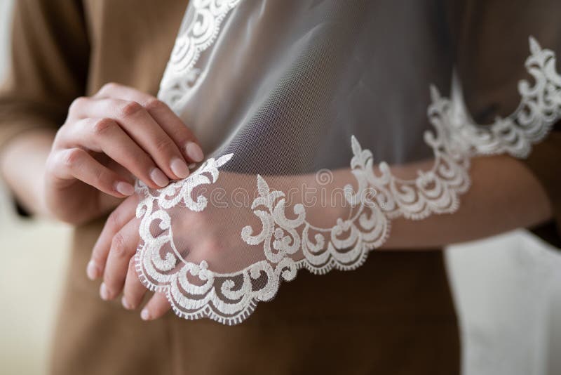 Wedding Veil Close-up of Embroidered Pattern on Hand Stock Image ...