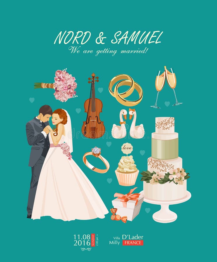 Wedding Vintage Invitation Template Vector with Bride and Groom Stock ...