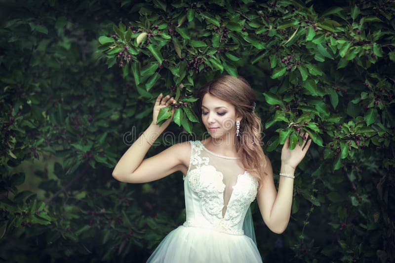 Wedding Walk. Bride Next To a Green Tree Stock Photo - Image of garden ...