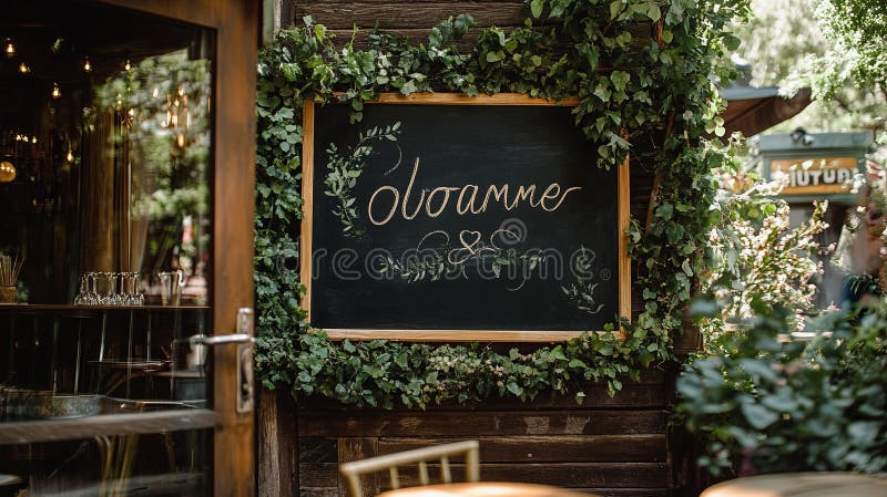 Wedding Welcome Board on a Chalkboard Decorated with Greenery . Stock ...