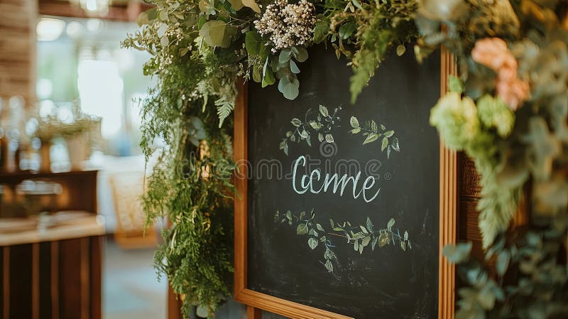 Wedding Welcome Board on a Chalkboard Decorated with Greenery . Stock ...