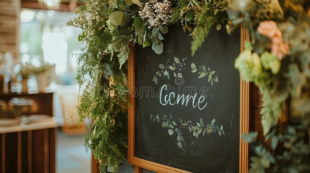 Wedding Welcome Board on a Chalkboard Decorated with Greenery . Stock ...