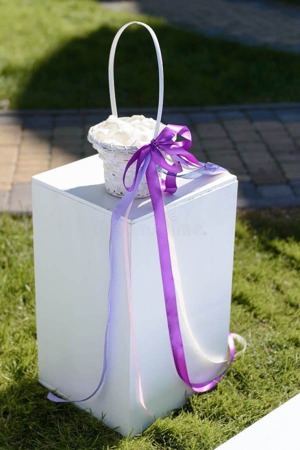 Wedding White Basket Decorated with Violet Ribbon Stock Photo - Image ...
