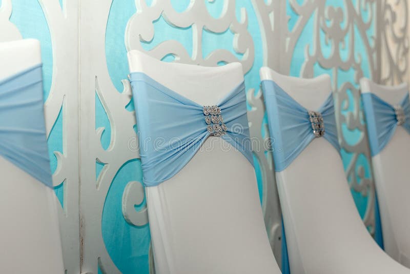 Wedding White And Blue Chairs With Ribbon Stock Image - Image of event ...
