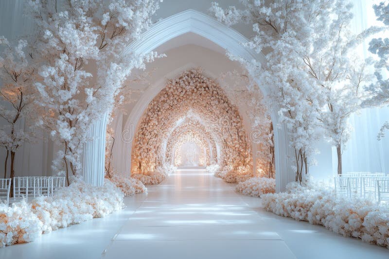 Wedding White Hall with Trees and Flowers Stock Illustration ...