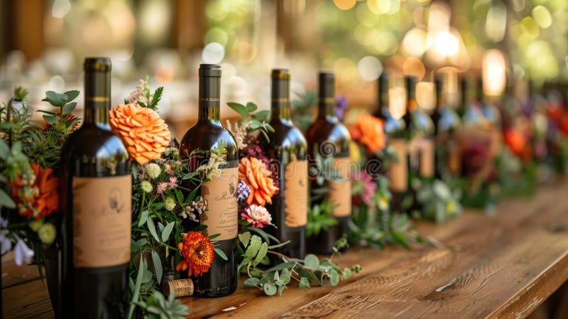 Wedding Wine Table, with Decorated Wine Bottles Stock Illustration ...