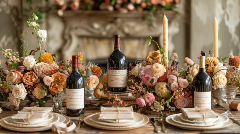 Wedding Wine Table, with Decorated Wine Bottles Stock Illustration ...