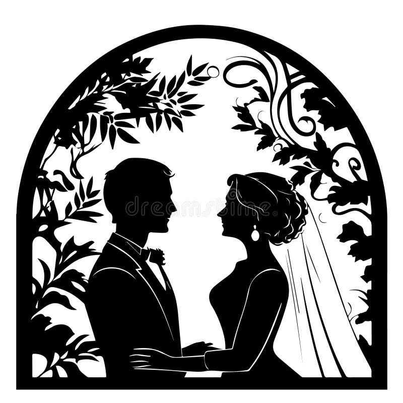 Wedding Young Couple Of Lovers Just Married Black Vector Stencil
