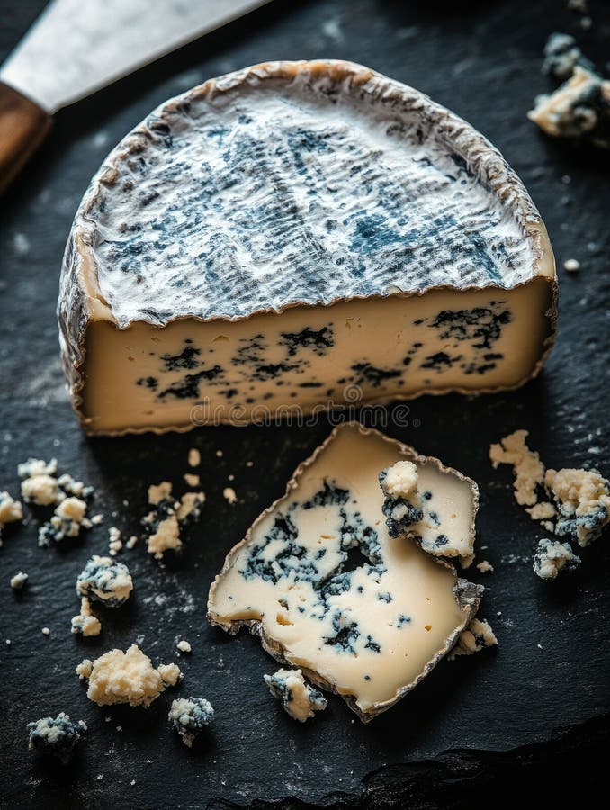A Wedge of Blue Cheese on a Dark Slate Surface. Stock Photo - Image of ...