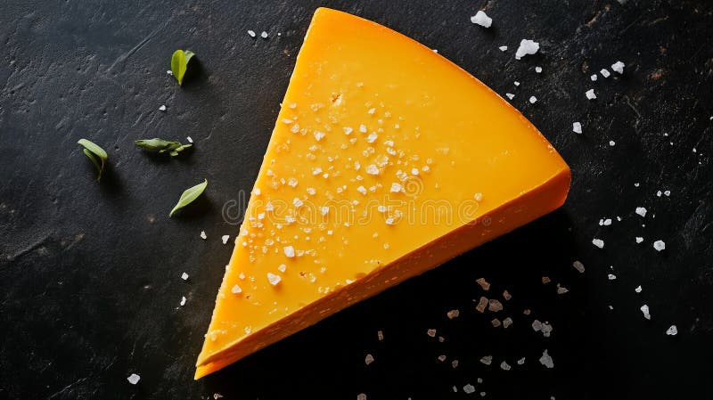 Overhead View of a Wedge of Cheese with Salt and Basil on Dark Surface ...