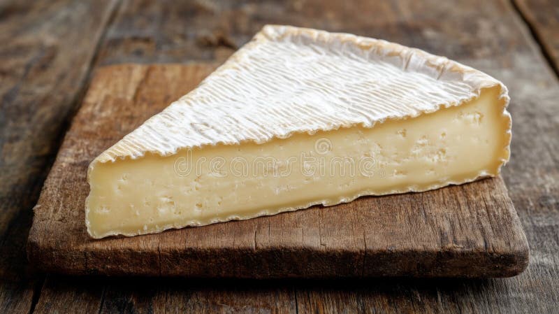 A Wedge of Creamy Brie Cheese on a Rustic Cutting Board Stock ...