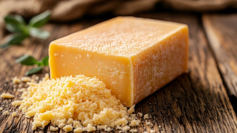 Wedge of Parmesan Cheese with Grated Bits on Wooden Surface. Stock ...