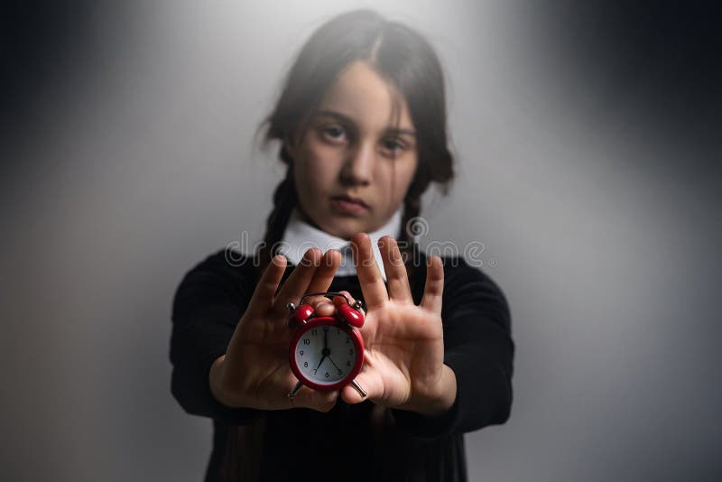 Wednesday Gothic Girl with Alarm Clock. Stock Image - Image of murderer ...