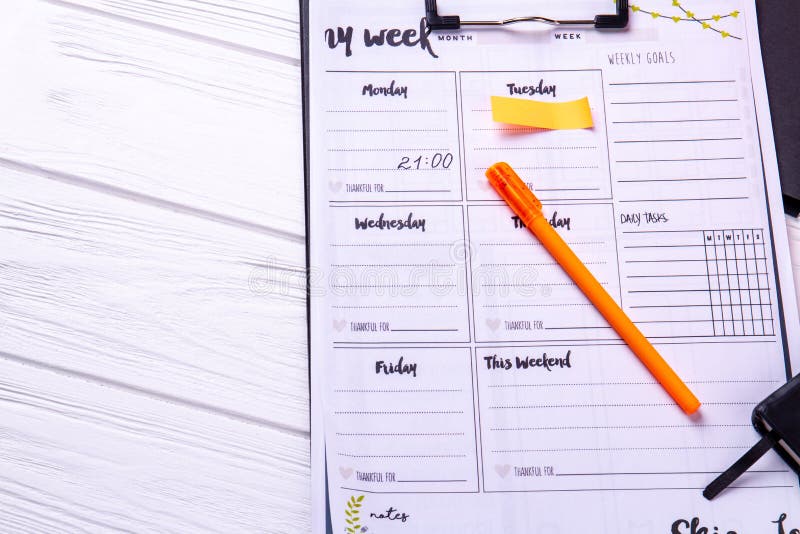 Week Calendar with Pen on the White Desk. Stock Image - Image of plan ...