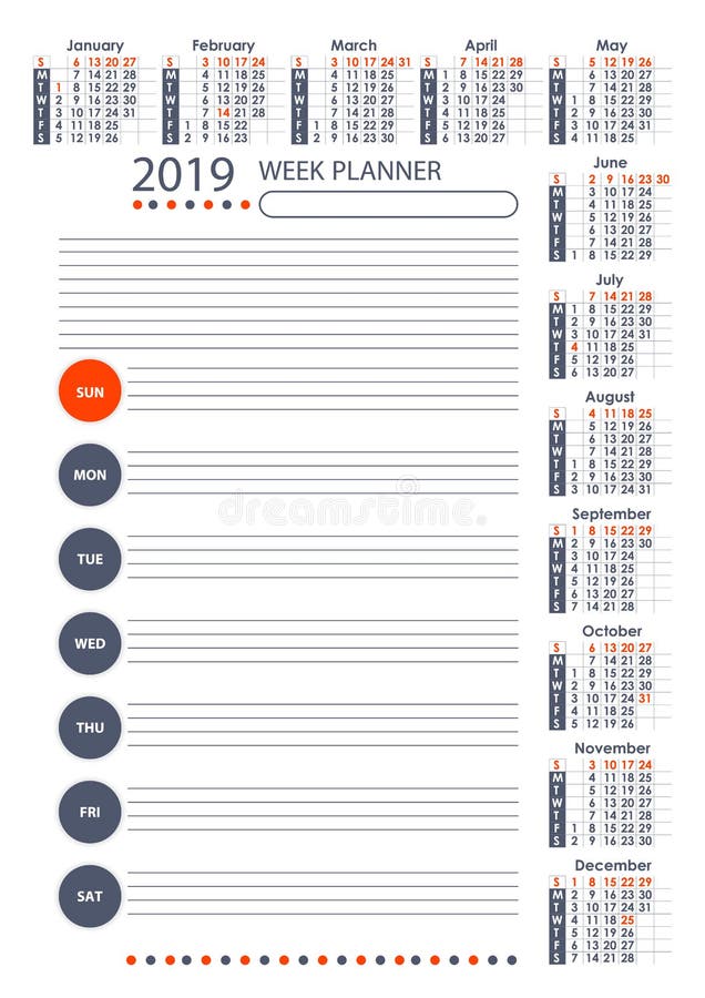 2019 Week Planner Calendar stock vector. Illustration of note - 124573709
