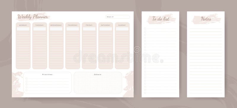 Week Planner and To Do List and Notes Pages Set in Pastel Colors. Stock ...