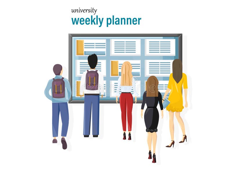 Week Planning Courses Vector Flat Style. Students at the Board ...