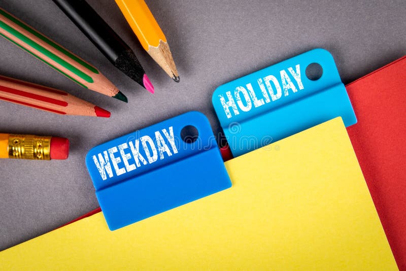 WEEKDAY and HOLIDAY. Folder Register of Card Index. Colored Pencils and ...