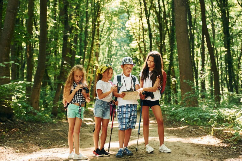 Weekend Activies. Kids Strolling in the Forest with Travel Equipment ...