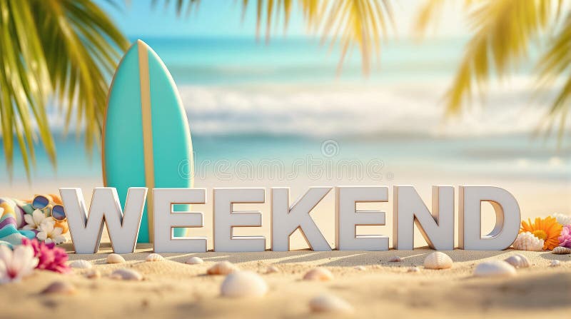 Weekend Beach Scene with Surfboard and Tropical Elements Stock Photo ...