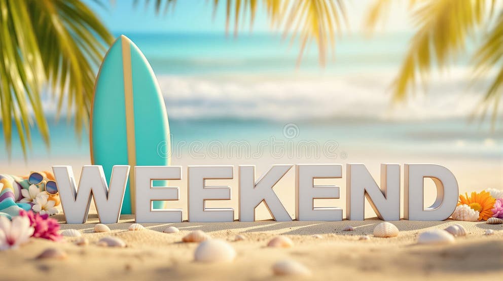 Weekend Beach Scene with Surfboard and Tropical Elements Stock Photo ...