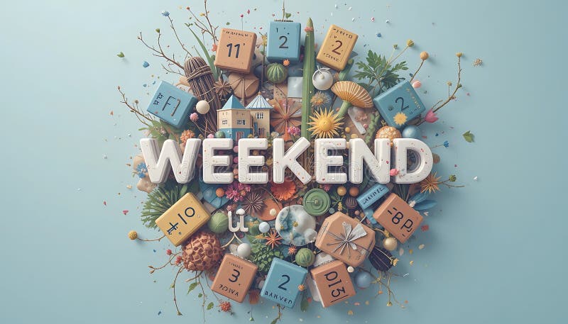 Weekend Celebration Graphic with Decorative Elements on Light Blue ...