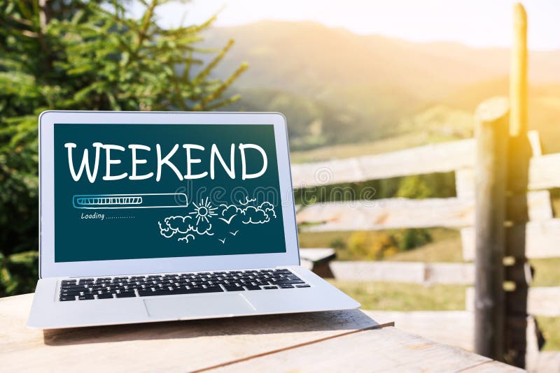 Weekend Coming Soon. Laptop on Wooden Table in Mountains Stock Photo ...