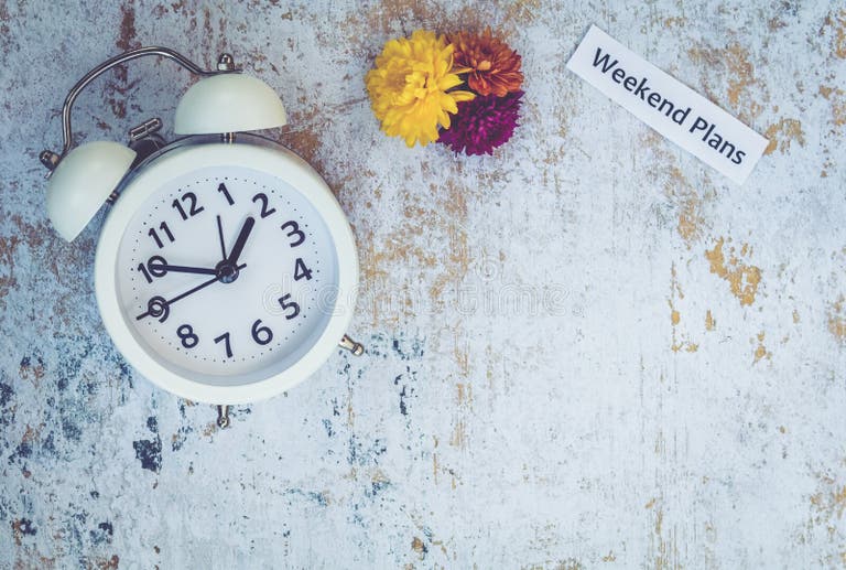 Weekend Plans Fall Time Concept with White Clock and Flowers, Flat Lay ...