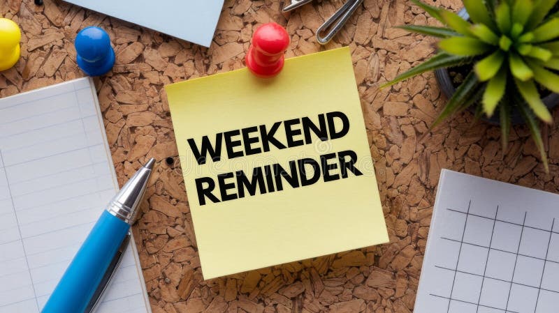 Weekend Reminder on a Sticky Note Pinned To an Office Cork Board Stock ...