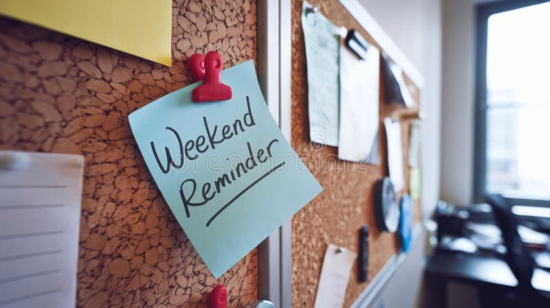Weekend Reminder on a Sticky Note Pinned To an Office Cork Board Stock ...